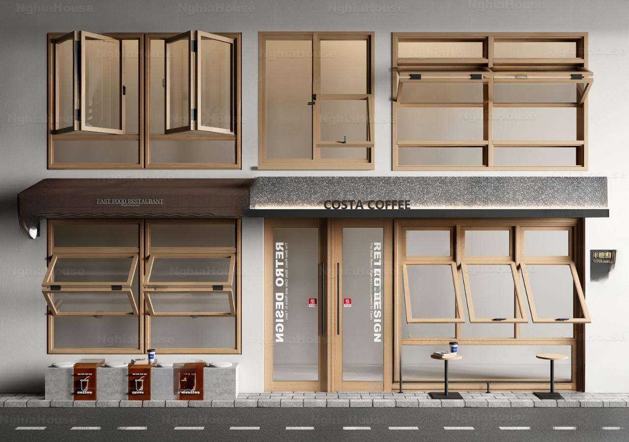 3D Model – Coffee Shop Facade with Wooden Windows & Glass Door 3ds Max ...