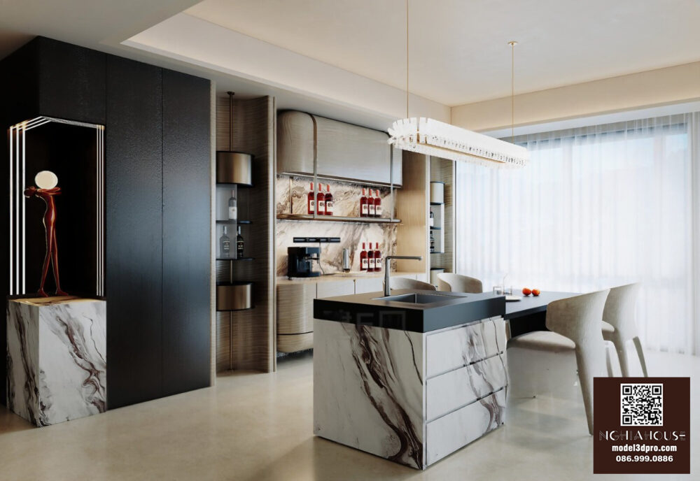 3D Model – Modern Luxury Kitchen and Dining Area Marble Island Vray ...