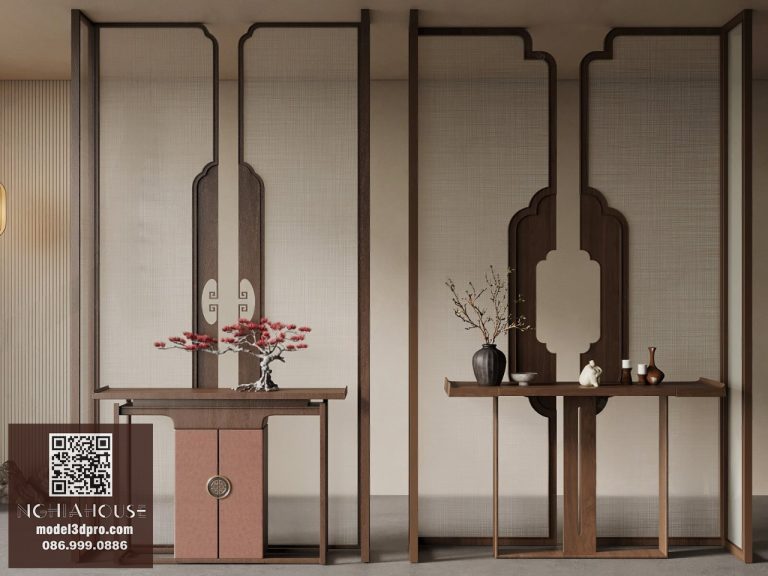 3D Model Asian Style Console Table Interior with Decorative Partition ...