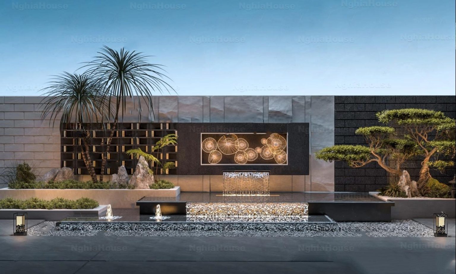 3D Model - Modern Zen Garden with Water Fountain Vray Render ...