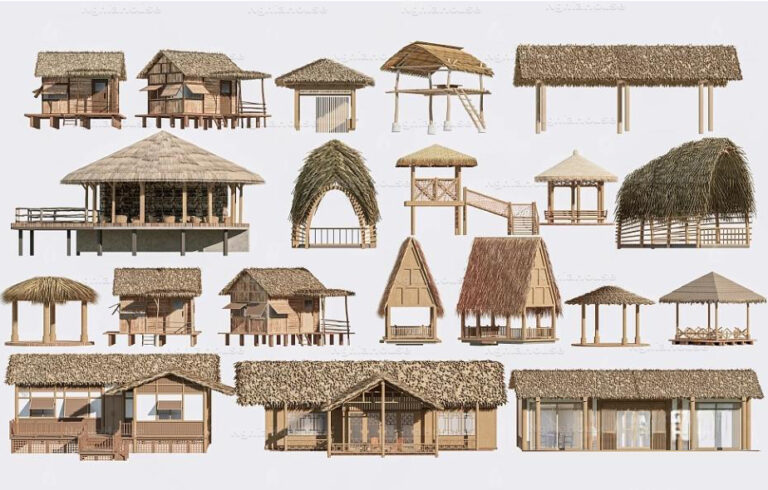 3D Model - Tropical Bamboo & Thatched Roof Houses Collection ...