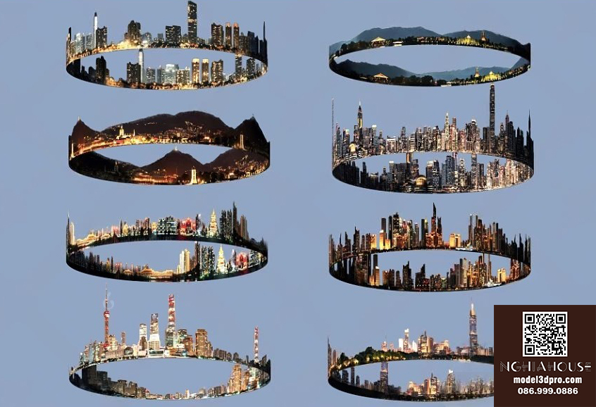 City Skyline Ring 3D Model Collection – Panoramic Urban Night View 3ds ...