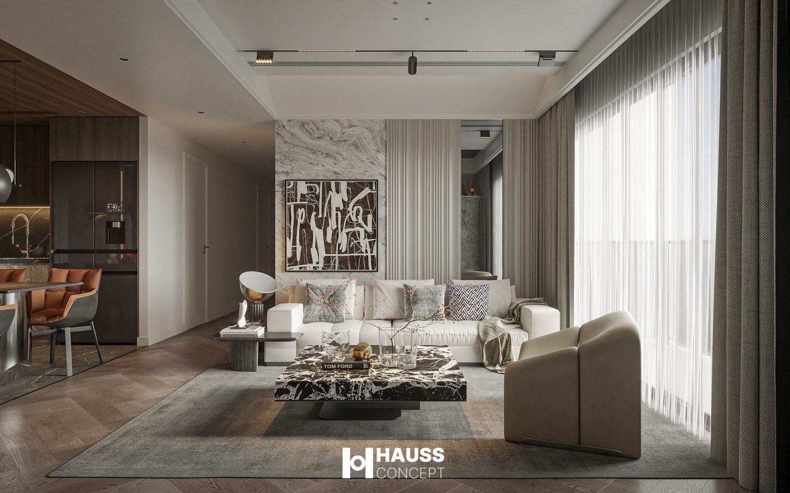 3Ds Max Living Room - Kitchen Interior Model Download by Cao Huy Hoang ...