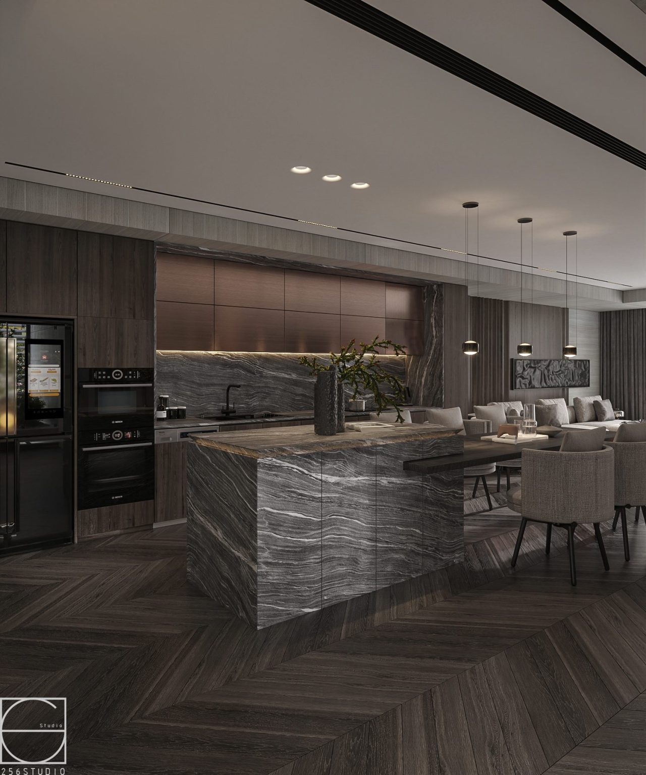 3Ds Max Living Room – Kitchen Interior Model Download By 256 Studio ...